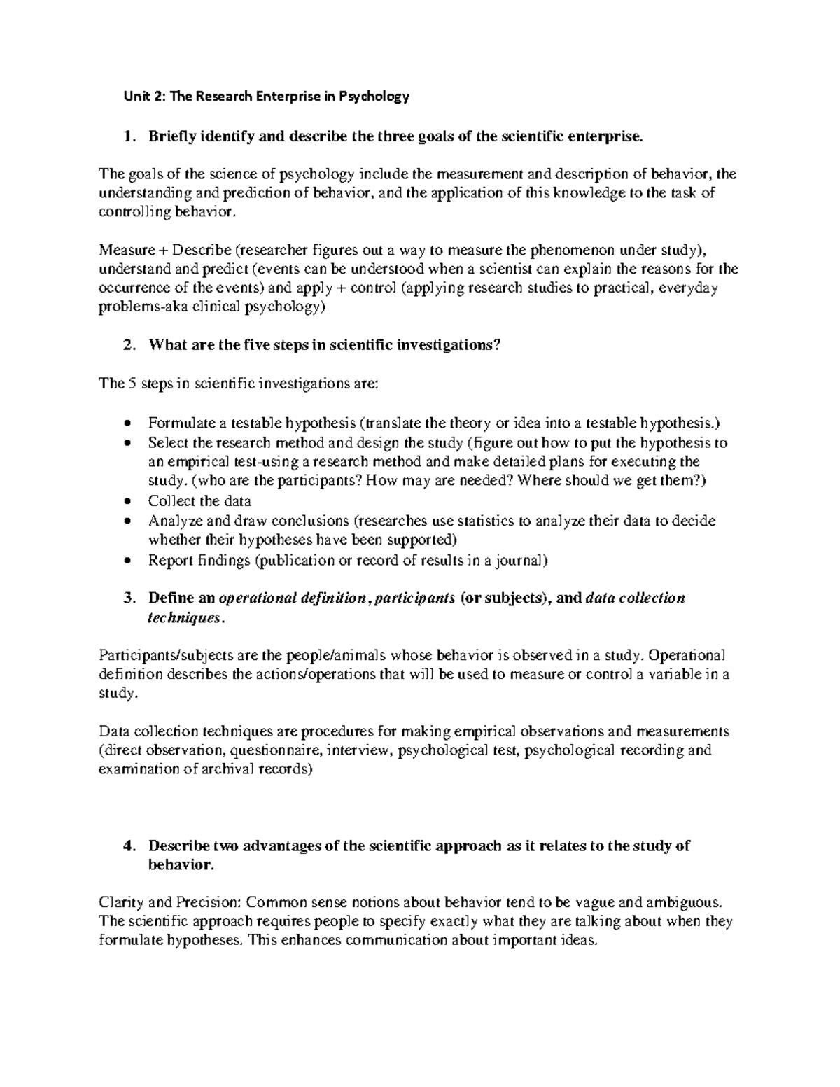 Psychology Unit 2 study questions - Unit 2: The Research Enterprise in ...