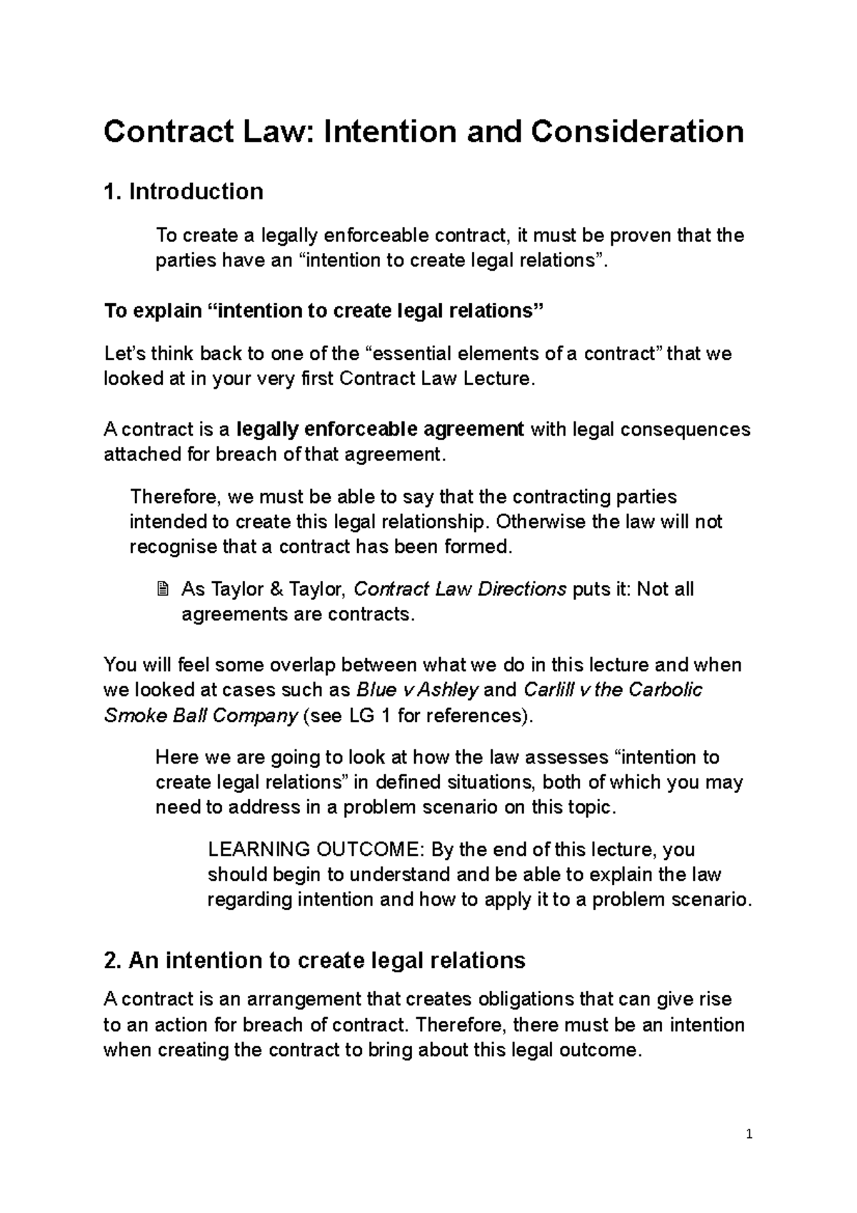 Lec 1 - Lecture 1 O/A notes - Contract Law: Intention and Consideration ...