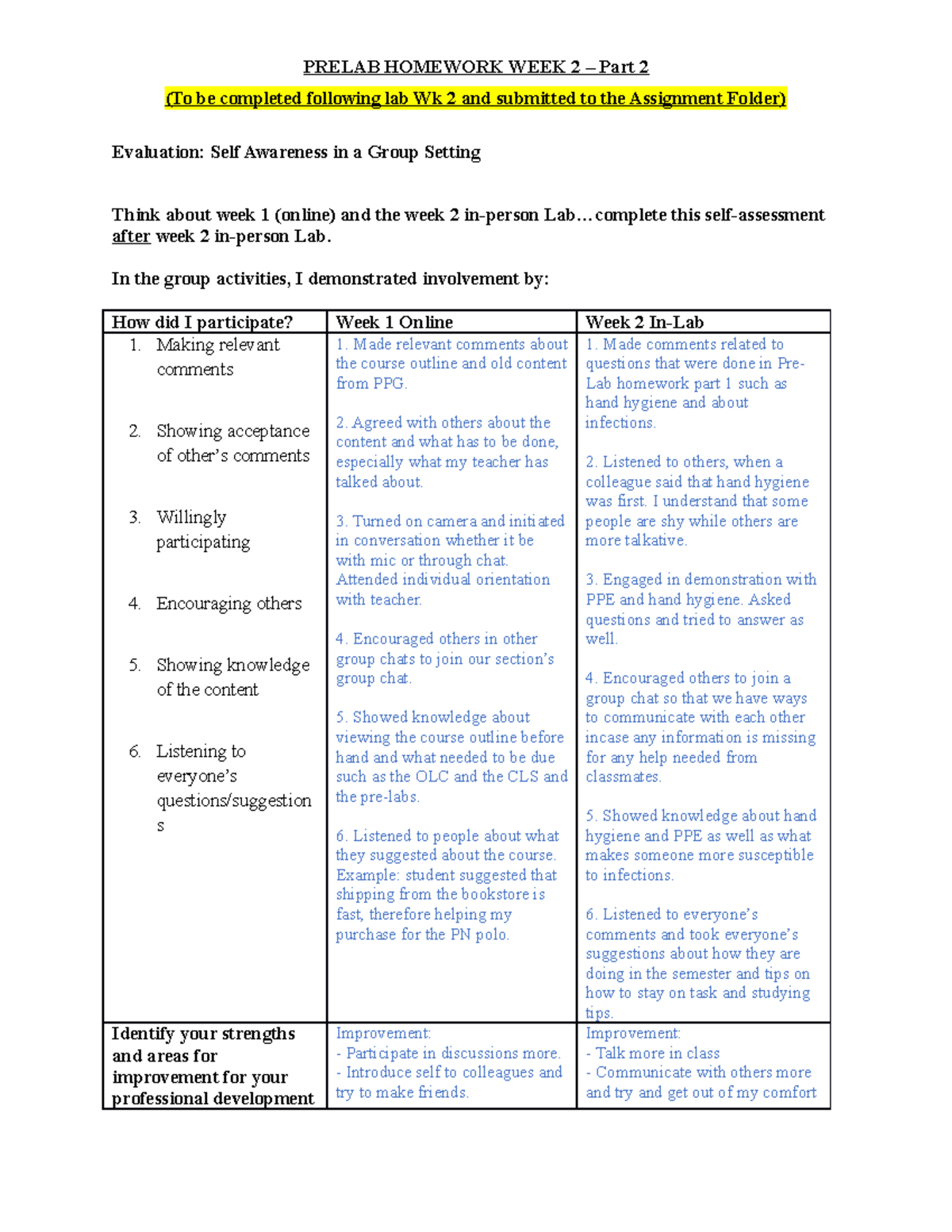 Week 2 Part 2 Prelab - Pre labs for clinical - PRELAB HOMEWORK WEEK 2 – Part 2 (To be completed ...