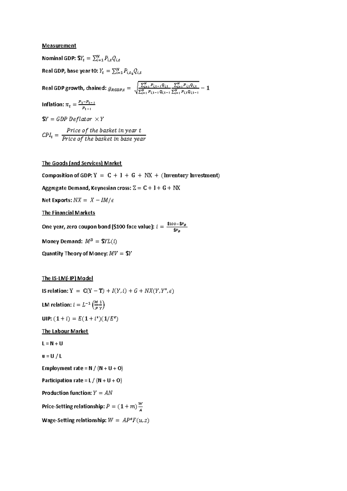 Cheat sheet Final - SRFBHNFH - Measurement Nominal GDP: $𝑌𝑡 = ∑ 𝑁 𝑖= 1 ...