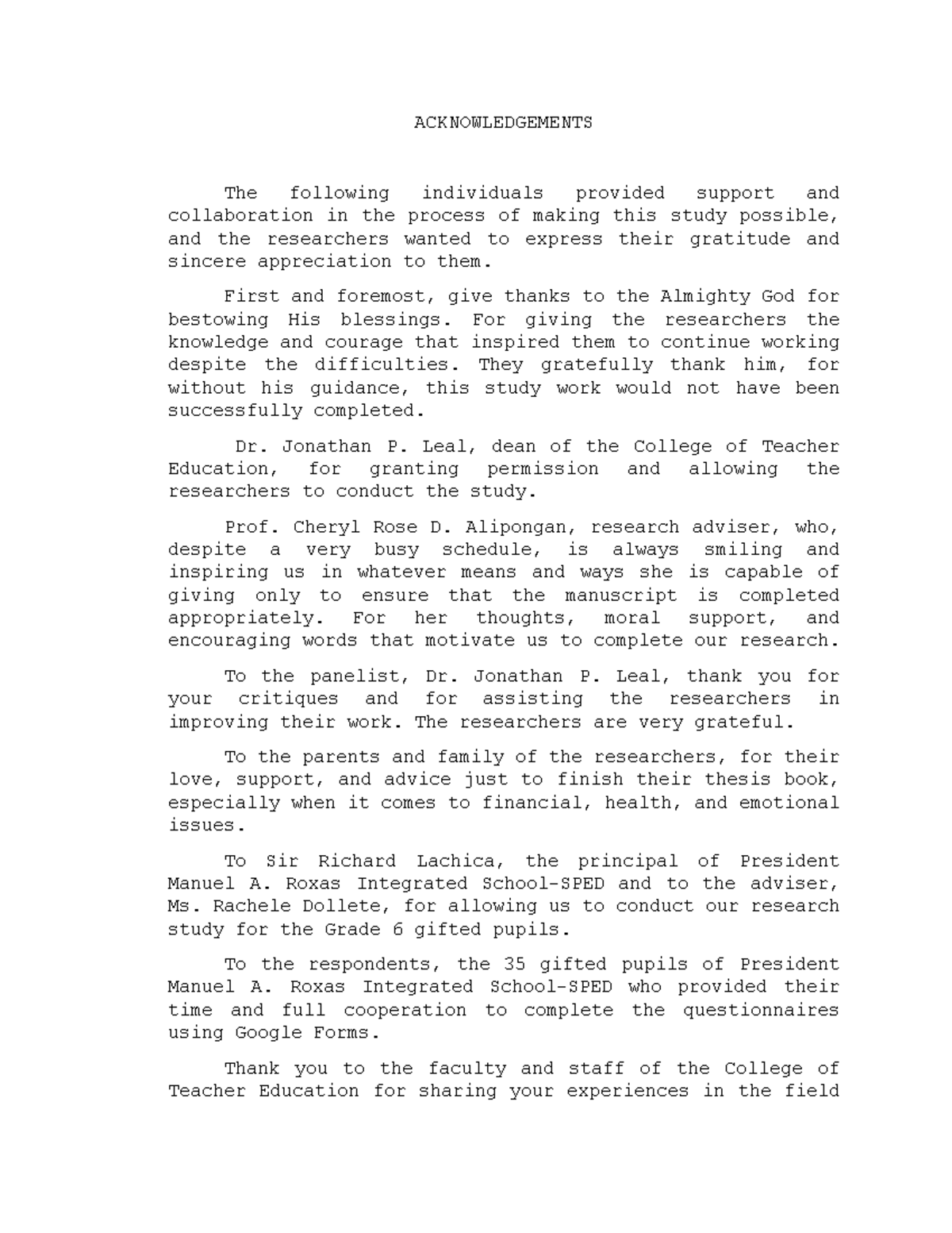 Acknowledgment Final - school works - ACKNOWLEDGEMENTS The following ...