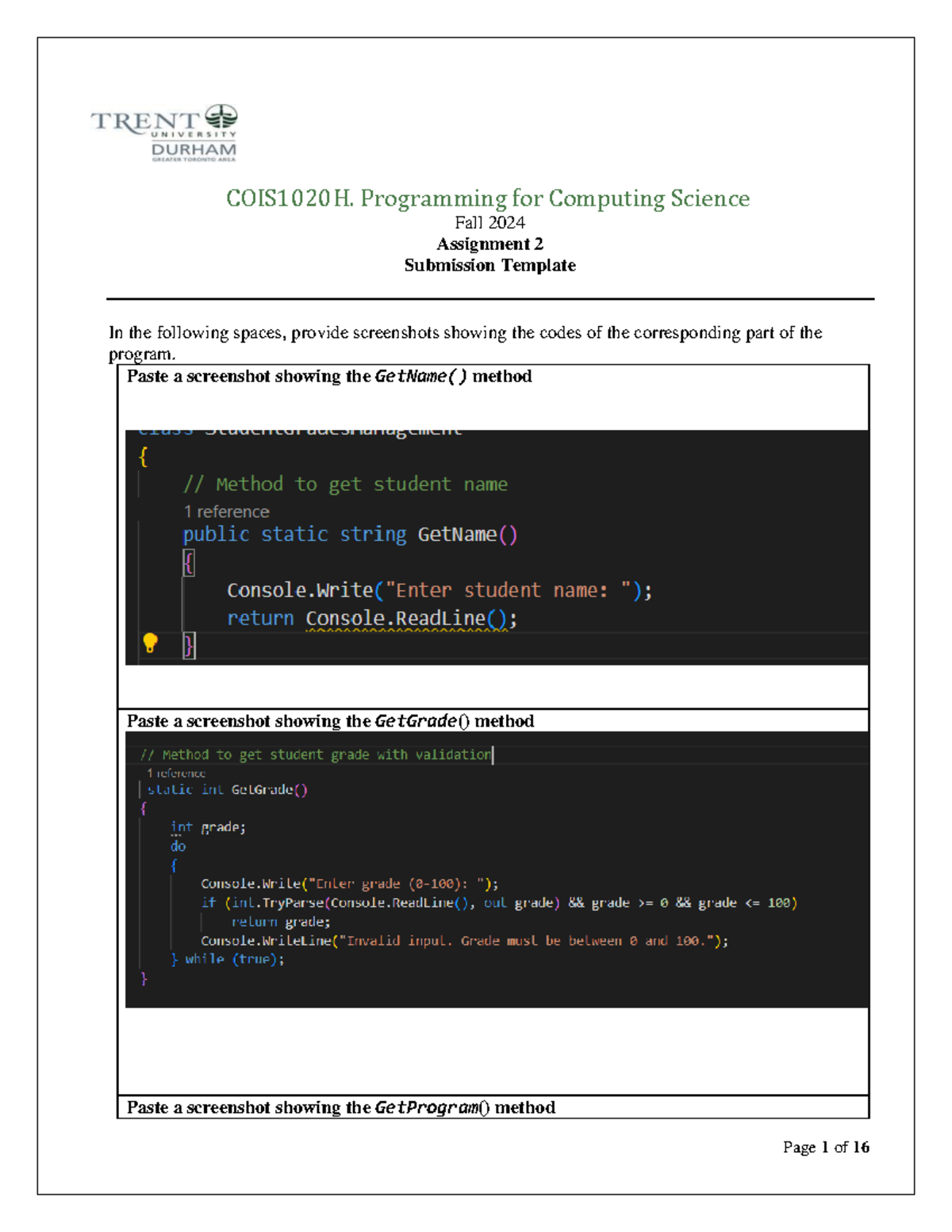 Assignment 2 Fall 2024 Submission Template - COIS1020H. Programming for Computing Science Fall ...