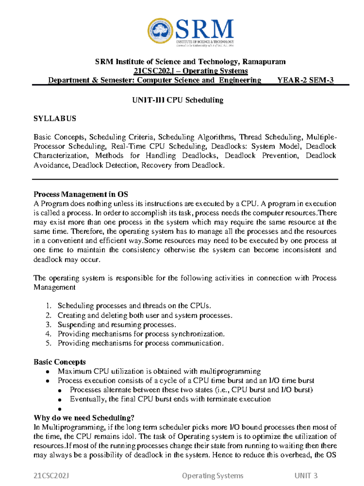 UNIT-III CPU Scheduling - 21CSC202J Operating Systems UNIT 3 SRM ...