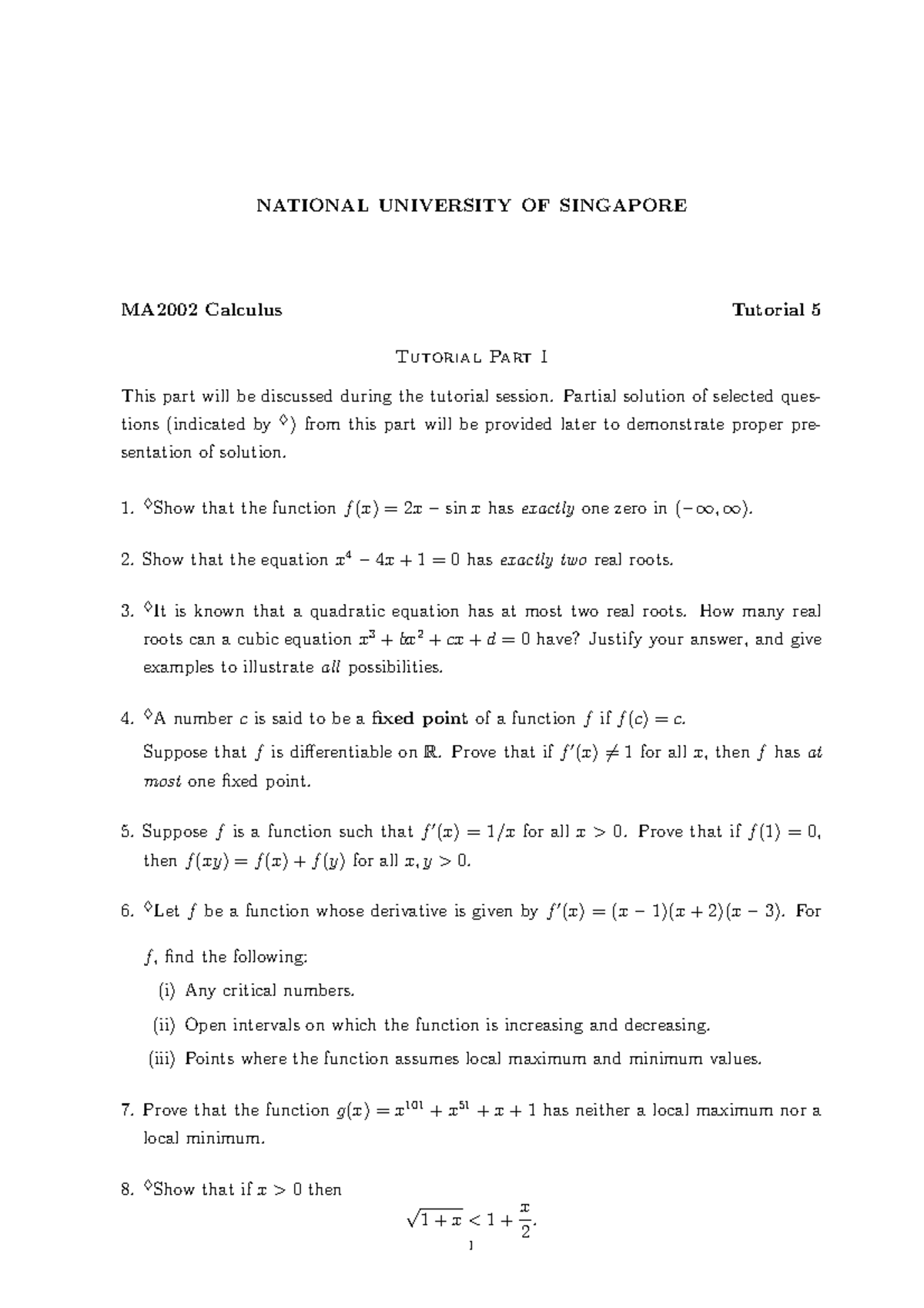 tutorial five semester 1 2022/2023 - NATIONAL UNIVERSITY OF SINGAPORE MA2002 Calculus Tutorial 5 ...