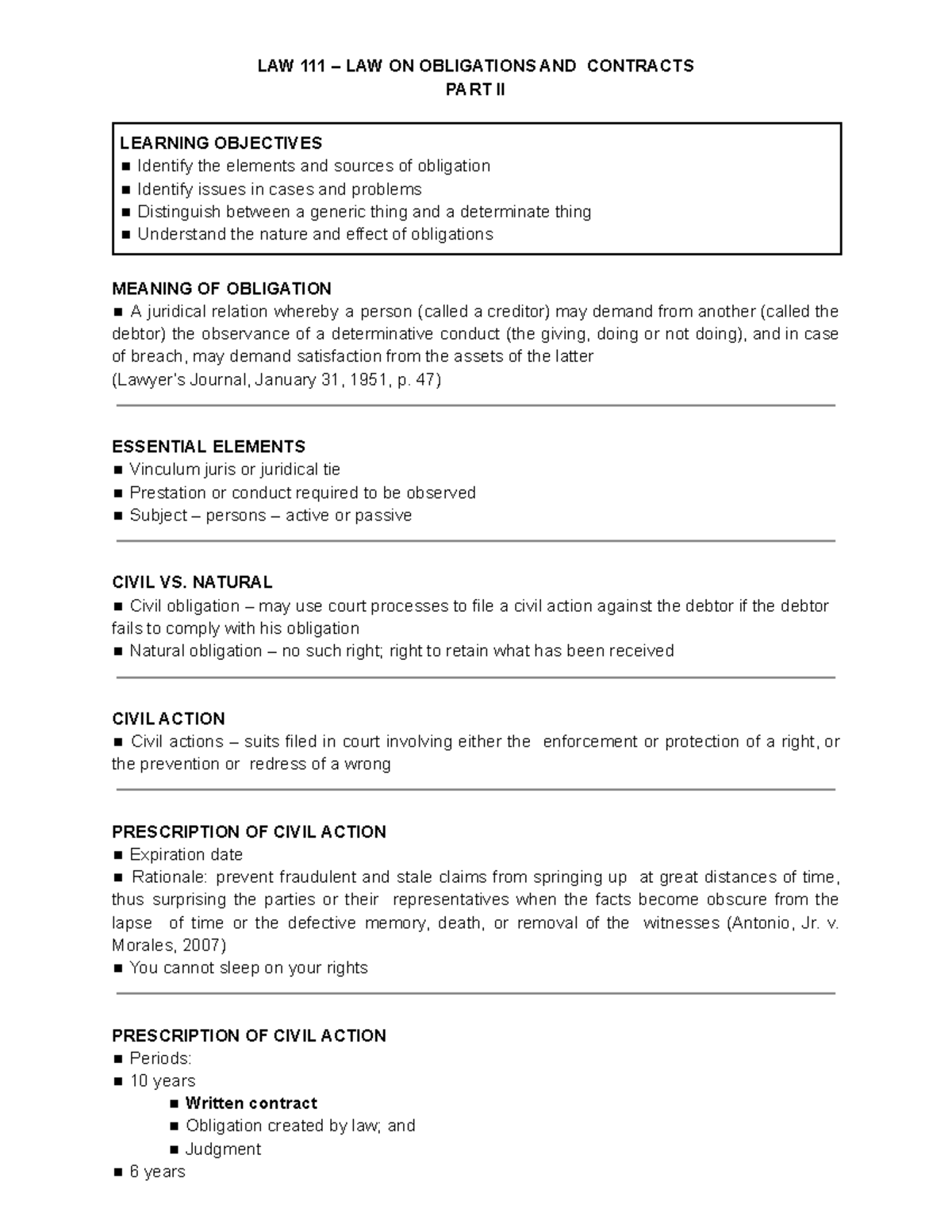 Oblicon-Part-II - Goodluck - LAW 111 – LAW ON OBLIGATIONS AND CONTRACTS ...