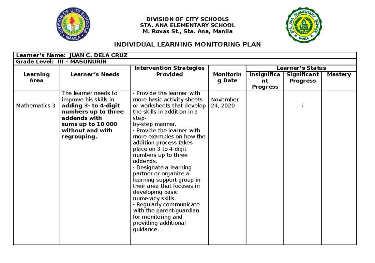 Individual Learning Monitoring PLAN 2021 - DIVISION OF CITY SCHOOLS STA ...