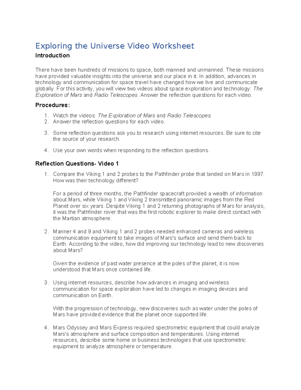 Exploring universe video worksheet - Exploring the Universe Video ...