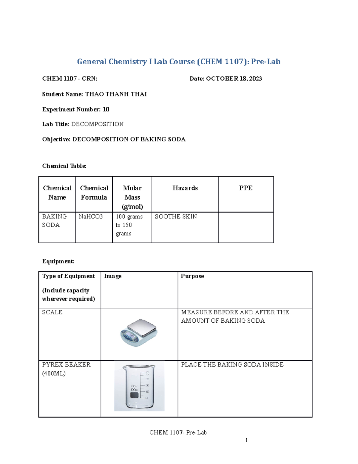 CHEM 1107 PRE-LAB - General Chemistry I Lab Course (CHEM 1107): Pre-Lab ...