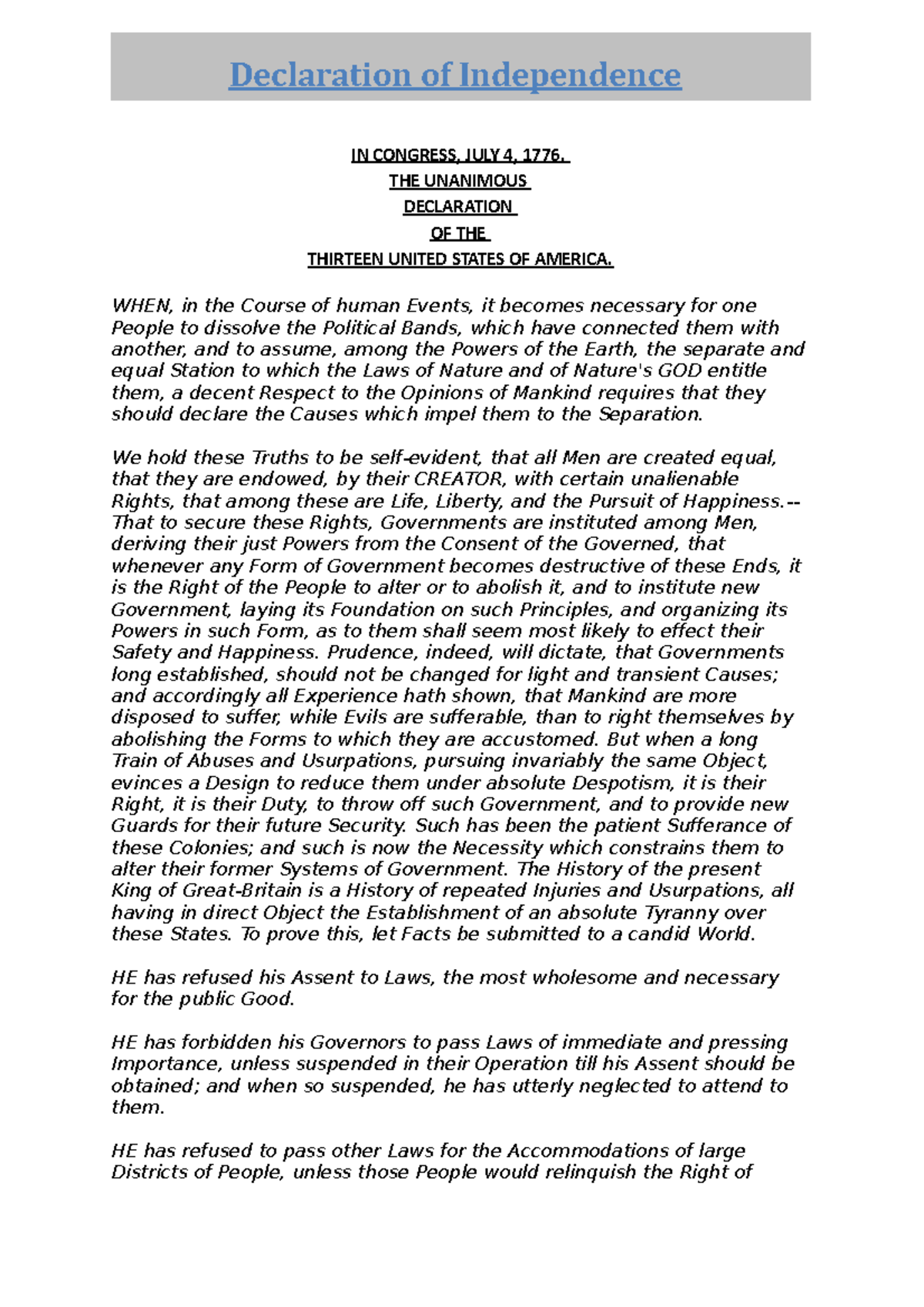 Declaration of Independence questions - Declaration of Independence IN ...