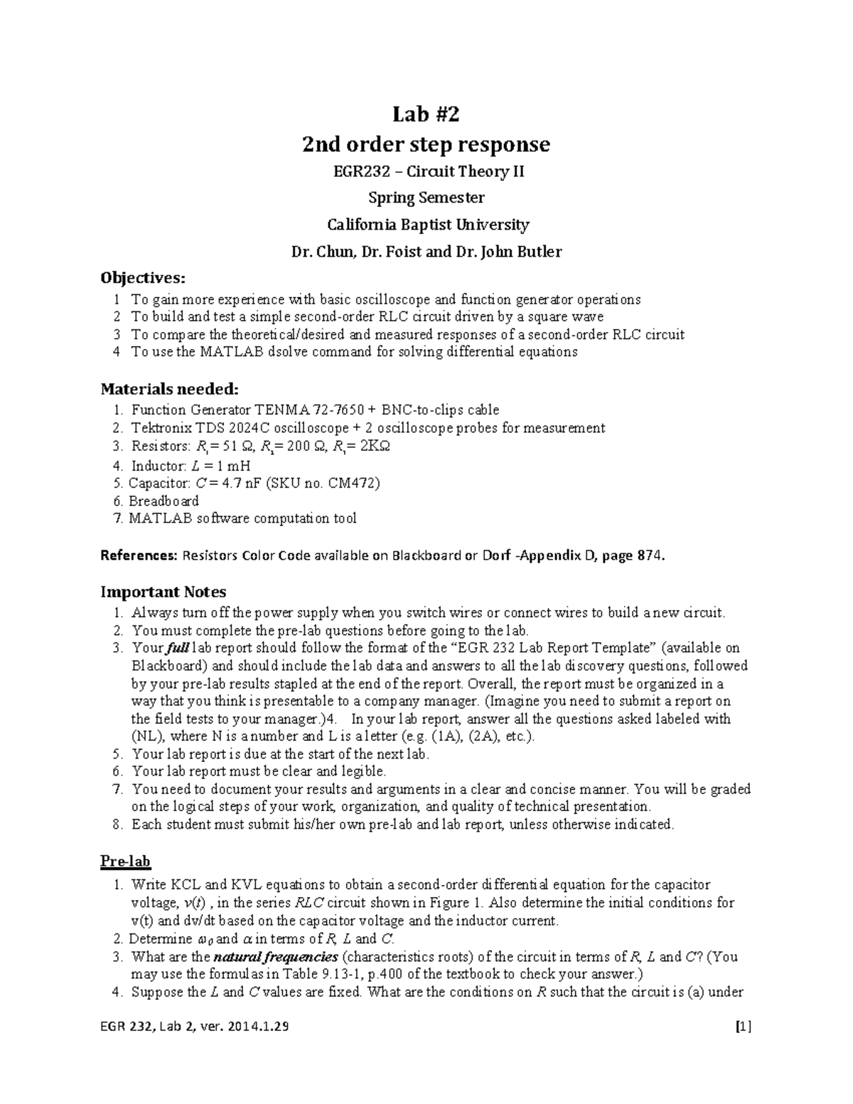 EGR232 circuits II Spring Lab02 - Lab # 2 2nd order step response EGR232 – Circuit Theory II ...