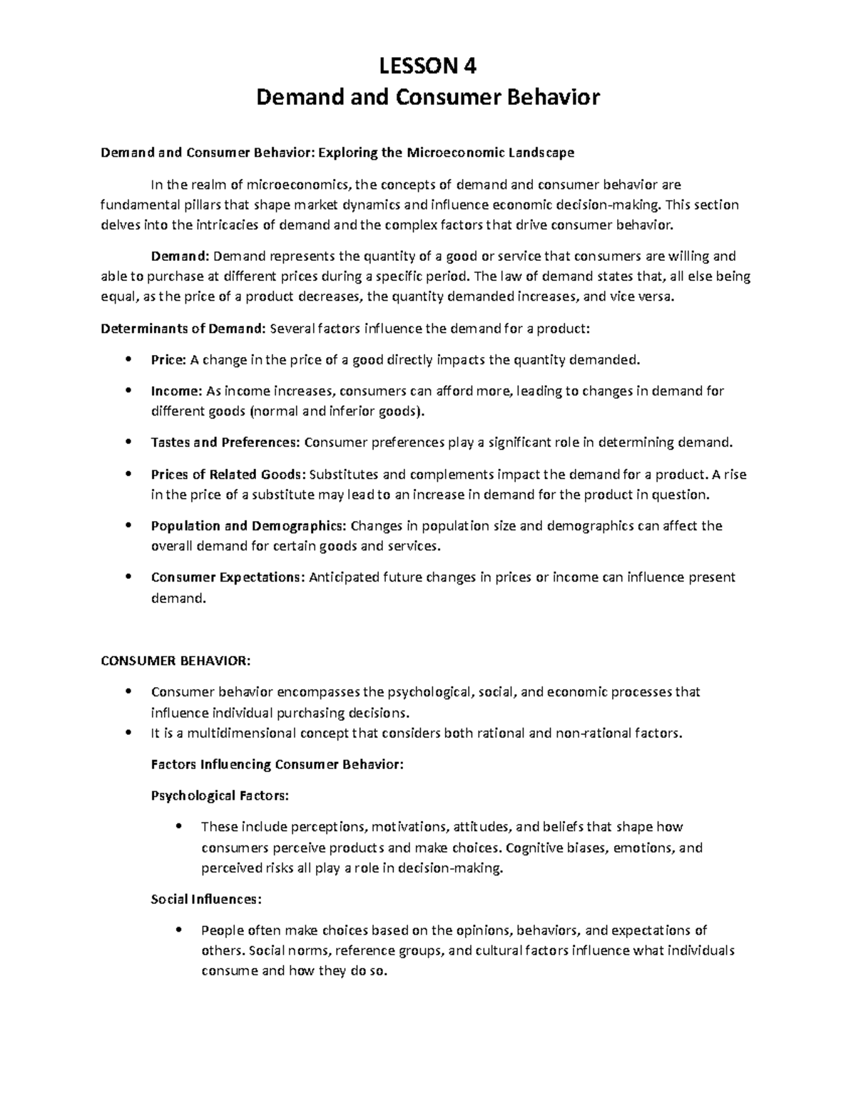 Lesson 4 Demand and Consumer Behavior - Demand and Consumer Behavior ...