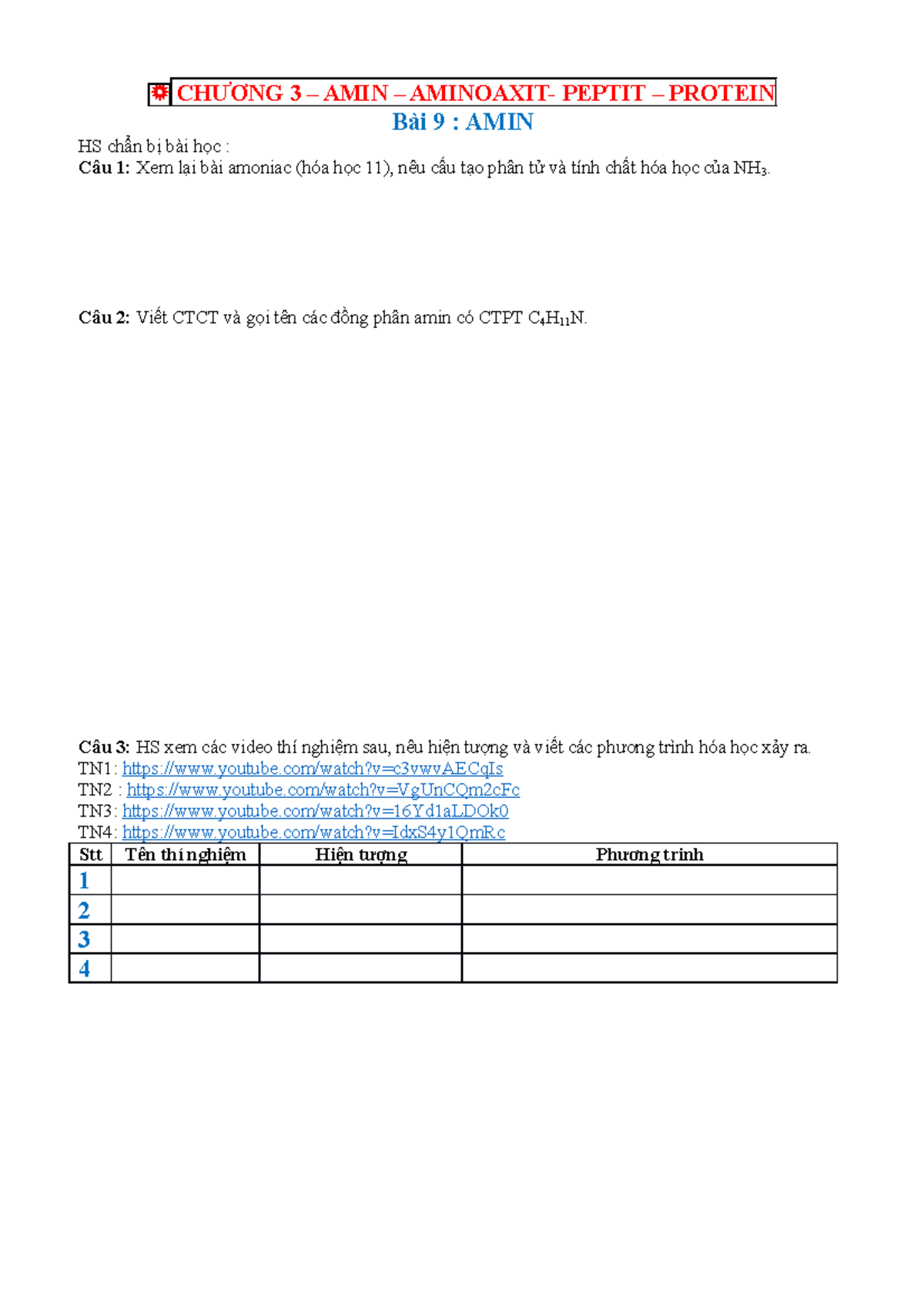 AMIN - hhhh - CHƯƠNG 3 – AMIN – AMINOAXIT- PEPTIT – PROTEIN Bài 9 : AMIN HS chẩn bị bài học ...