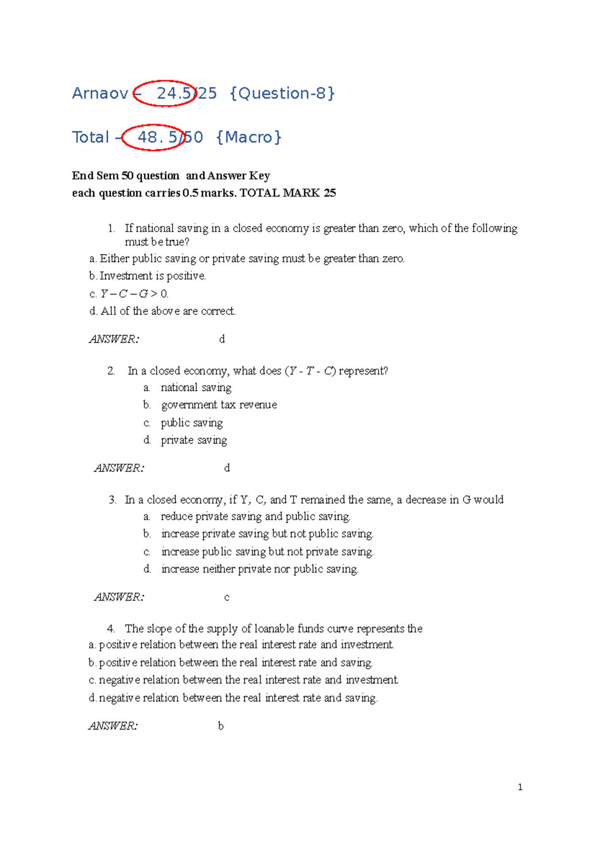 Macro END SEM 50 Question AND Answer KEY HS 101 - Arnaov – 24/25 ...