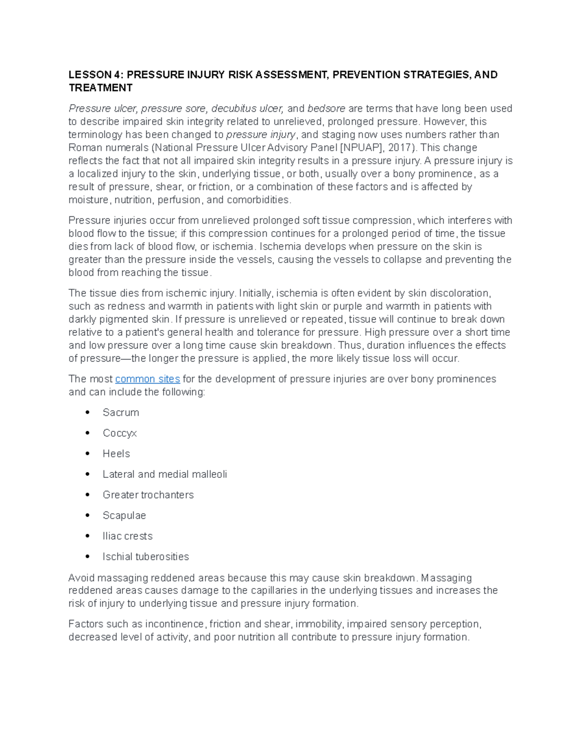 Nursing Module 19 Wound CARE Lesson 4 Notes - LESSON 4: PRESSURE INJURY ...