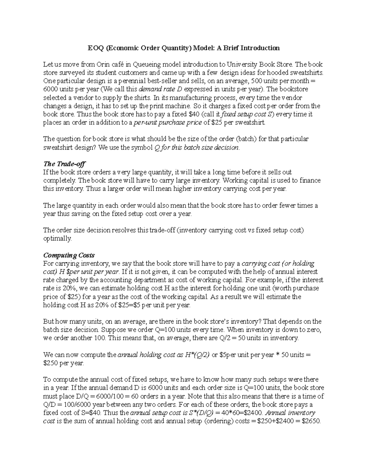 EOQ Model - notes - EOQ (Economic Order Quantity) Model: A Brief ...