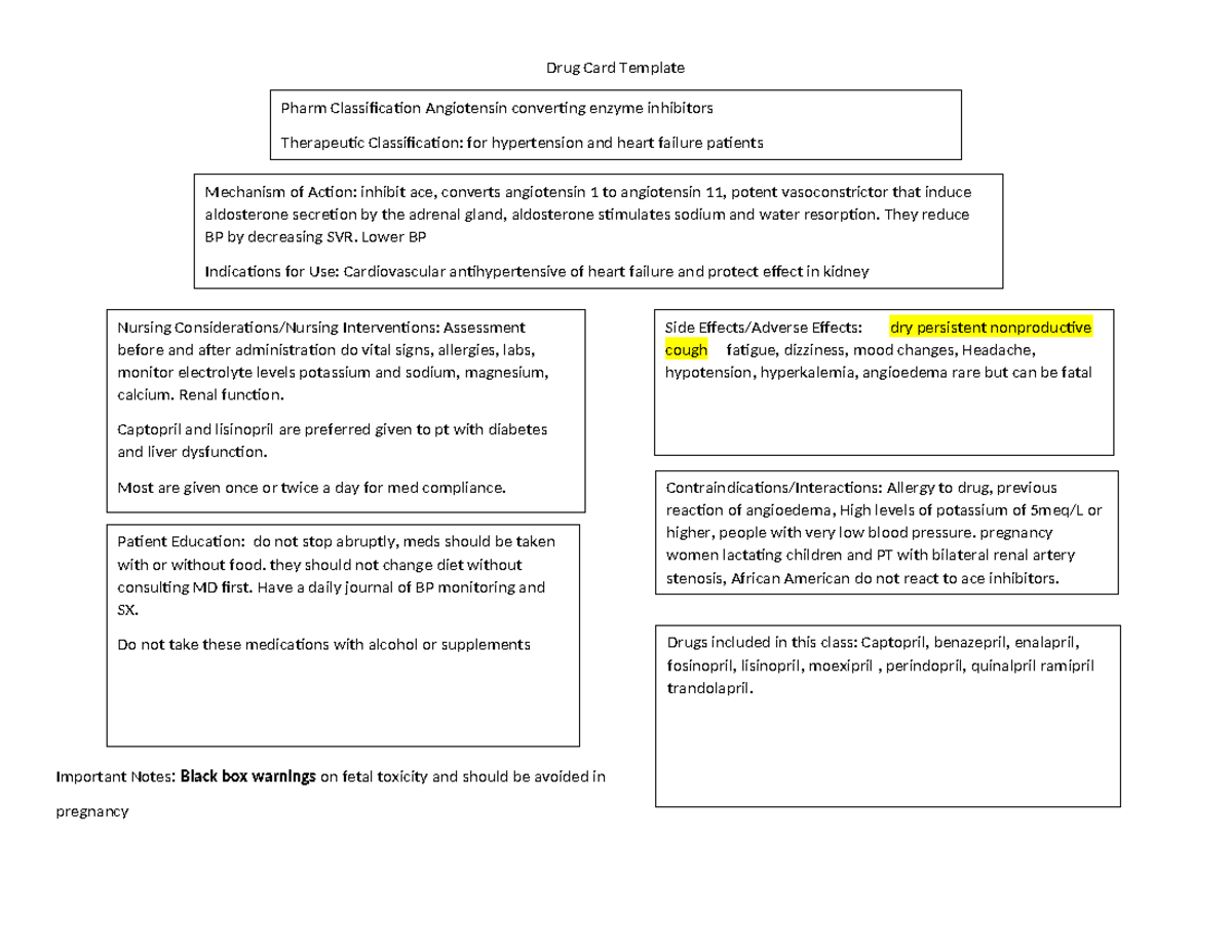 Ace inhibitors-1 - n/a - Drug Card Template Important Notes: Black box ...