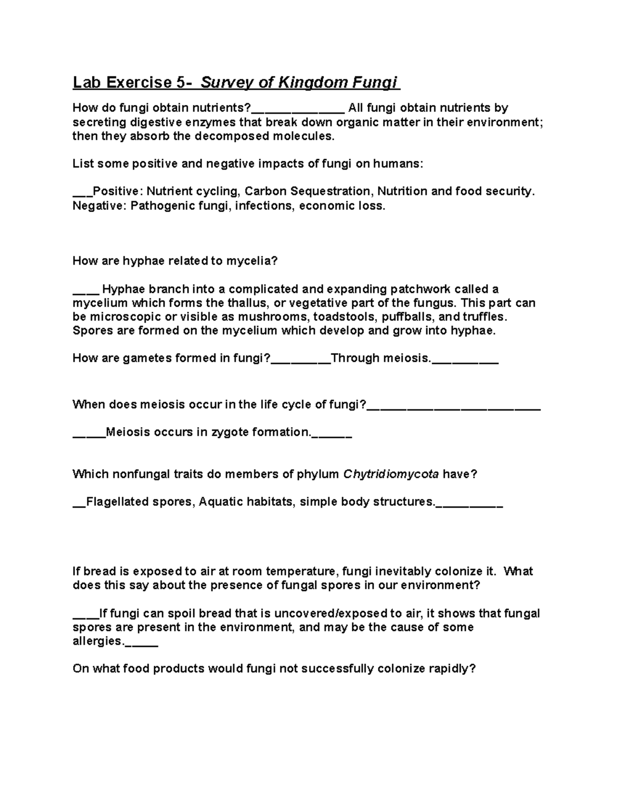 Lab Exercise 5 Survey of Kingdom Fungi - List some positive and ...