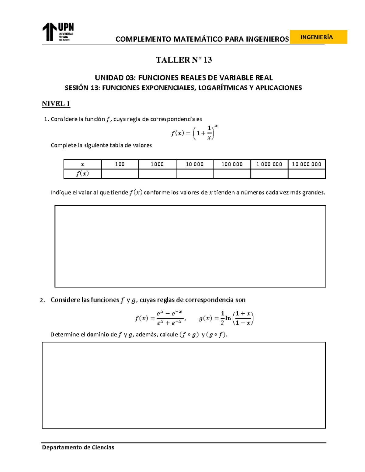 HT Practica S13 - EJERCICIOS - COMPLEMENTO MATEM¡TICO PARA INGENIEROS Departamento de Ciencias ...