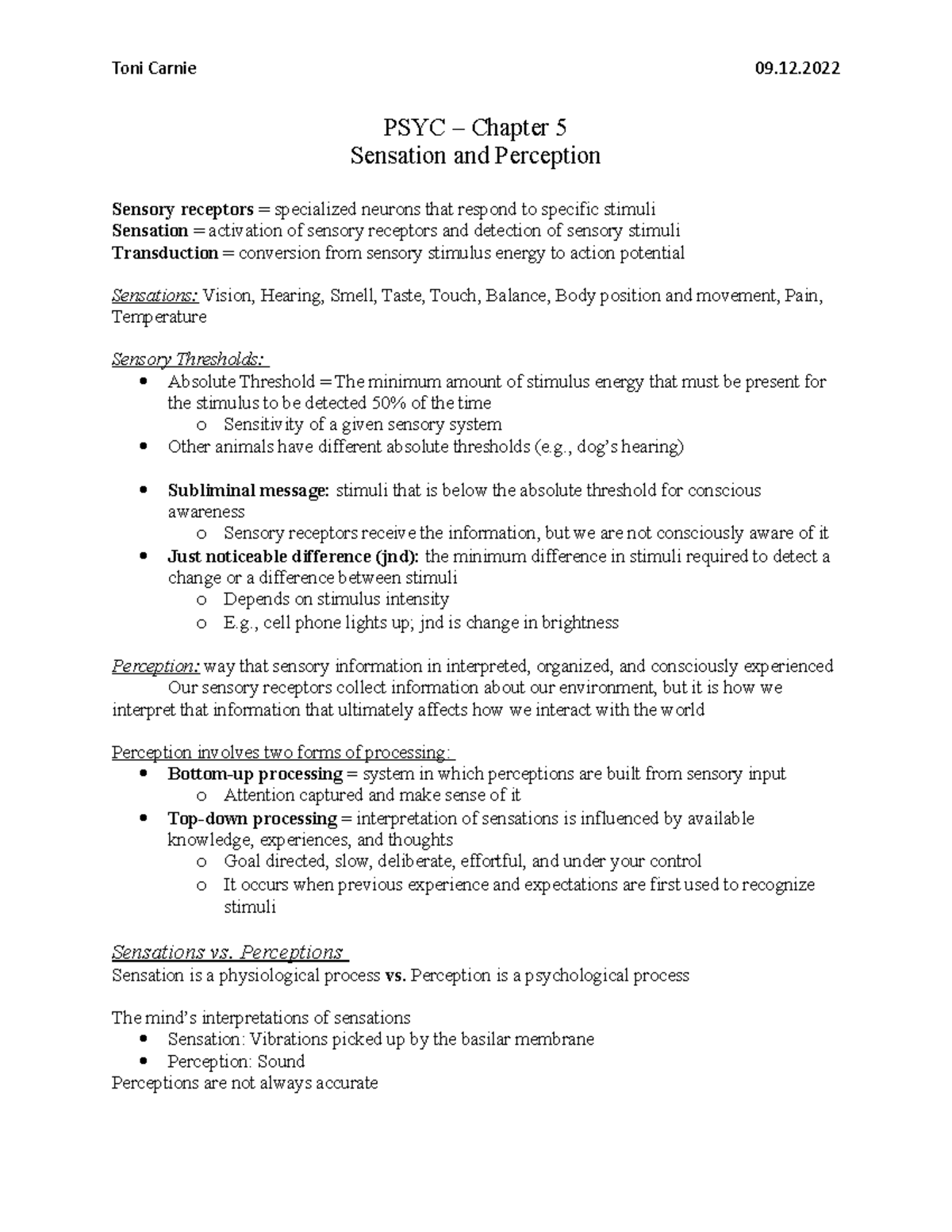 PSYC - Chapter 5 - PSYC – Chapter 5 Sensation and Perception Sensory ...
