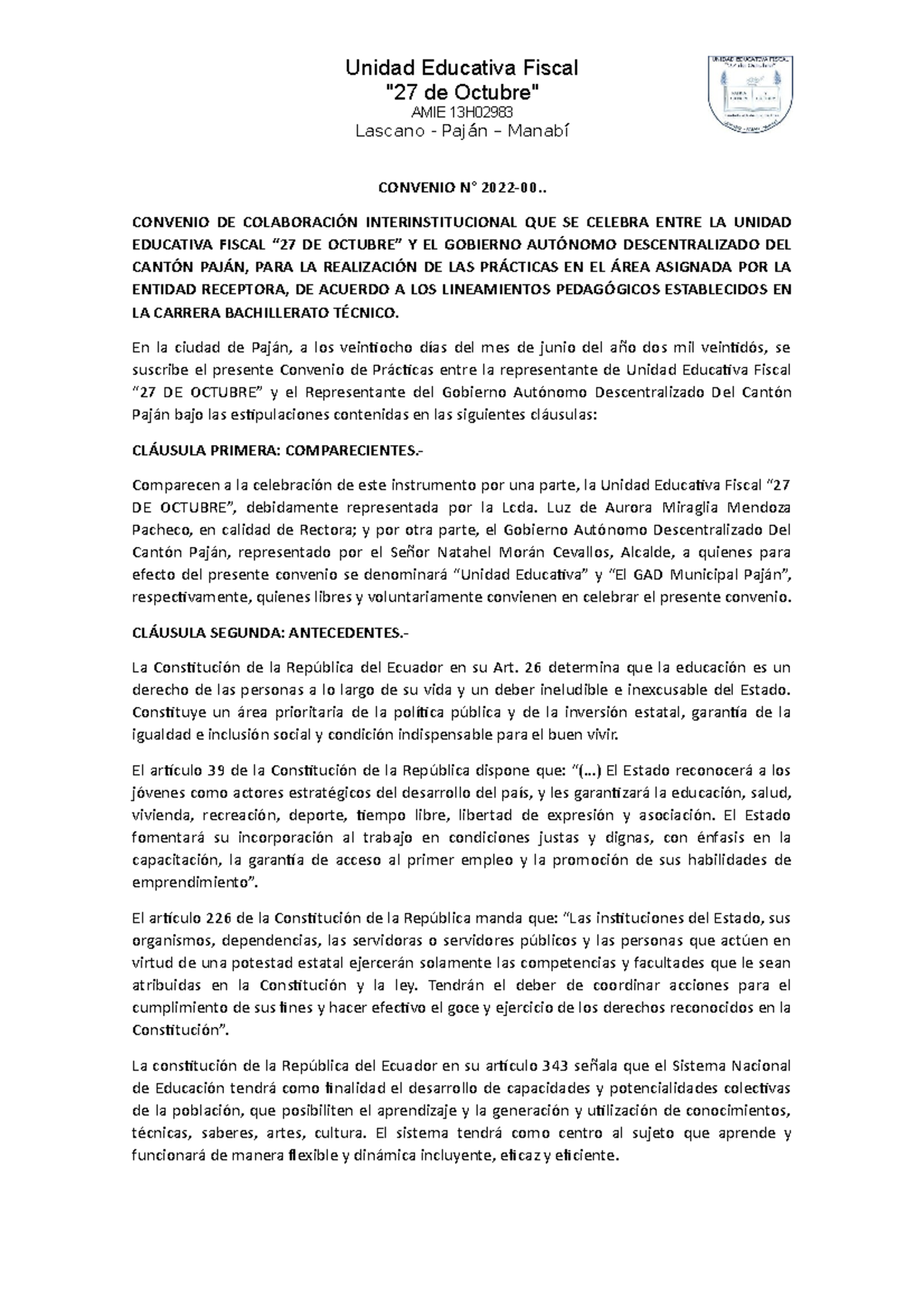 Modelo DE Convenio DE FCT - "27 de Octubre" AMIE 13H Lascano - Paján ...