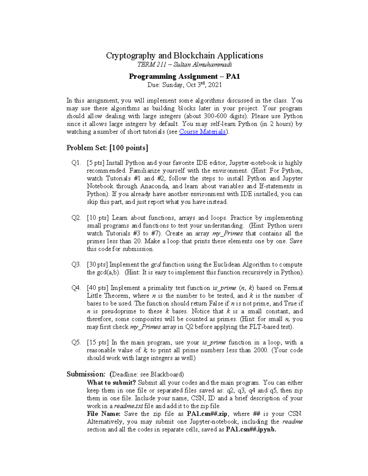 Pa1 This Is A Lecture Not On Cryptography Cryptography And Blockchain Applications Term 211 4083