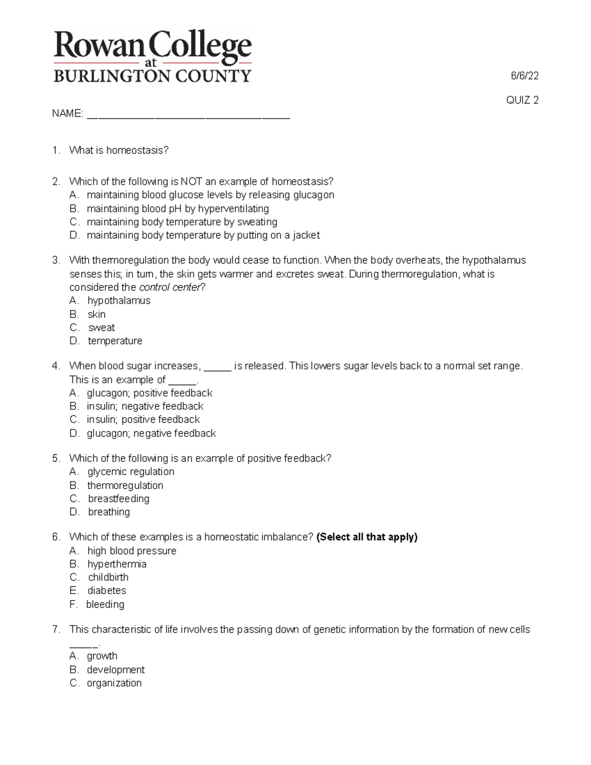 Homeostasis Quiz - quiz - 6/6/ QUIZ 2 NAME ...