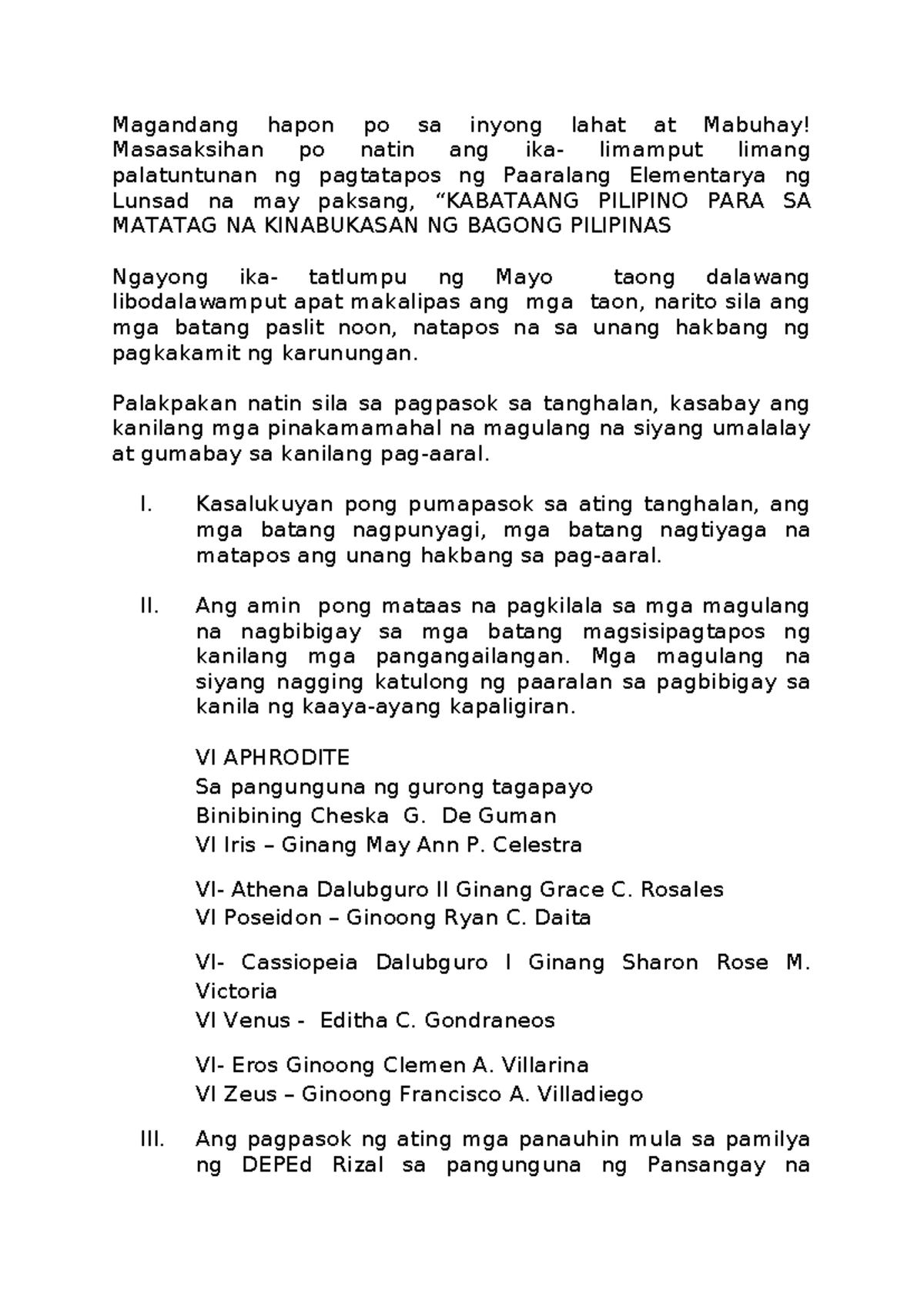 Final Script NG Emcee - Magandang hapon po sa inyong lahat at Mabuhay ...