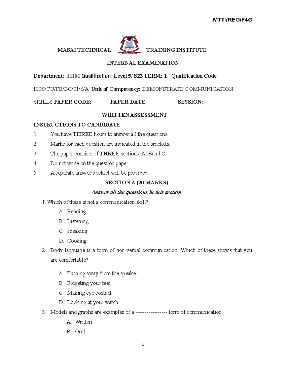 Candidate Written level 6 Final 2023 - MASAI TECHNICAL TRAINING ...