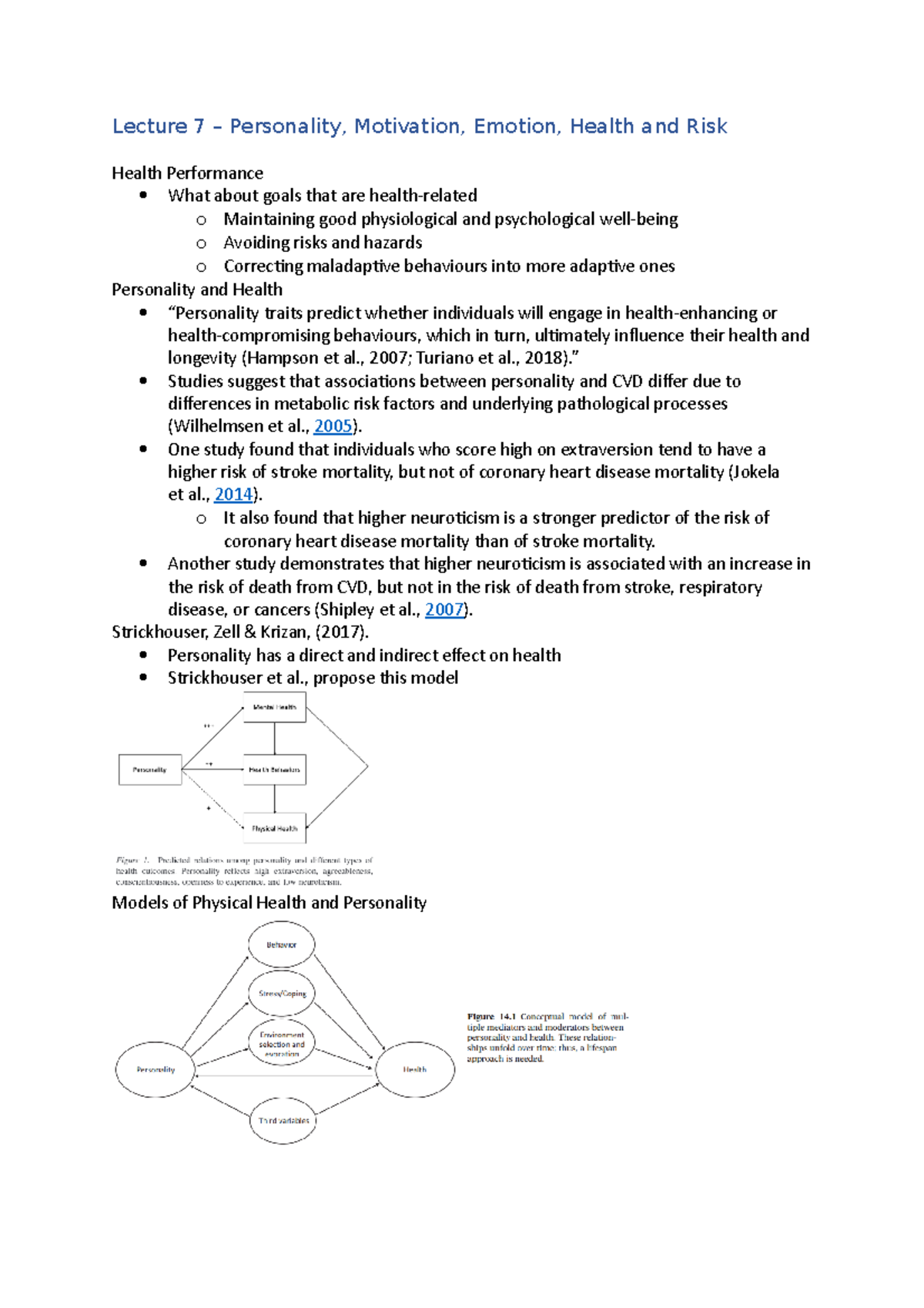 PSY391 Lecture 7 - Lecture 7 – Personality, Motivation, Emotion, Health ...