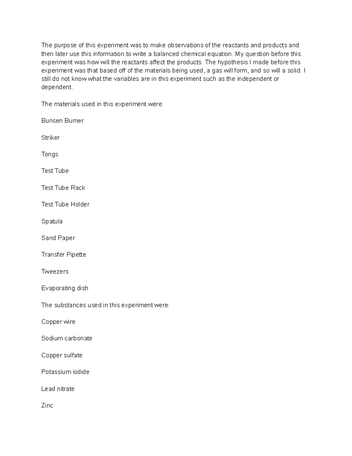 Types of Chemical Reactions lab report - The purpose of this experiment ...