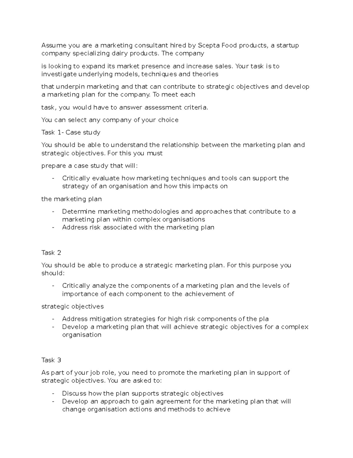 Strategic Marketing Plan Dairy Product Assignment Structure - Assume ...