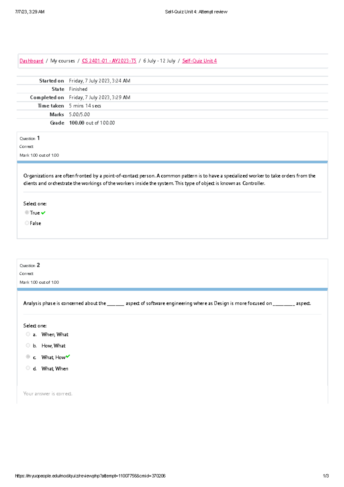 CS 2401 Self-Quiz Unit 4_ Attempt review - 7/7/23, 3:29 AM Self-Quiz Unit 4: Attempt review ...
