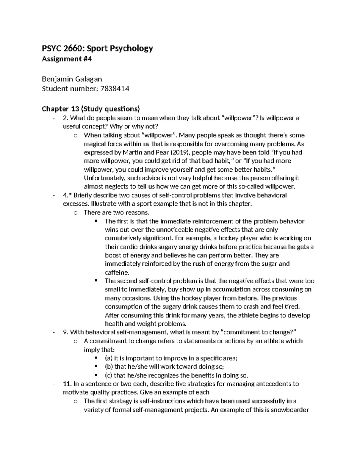 PSYC 2660 Assignment #4 - PSYC 2660: Sport Psychology Assignment Benjamin Galagan Student number ...