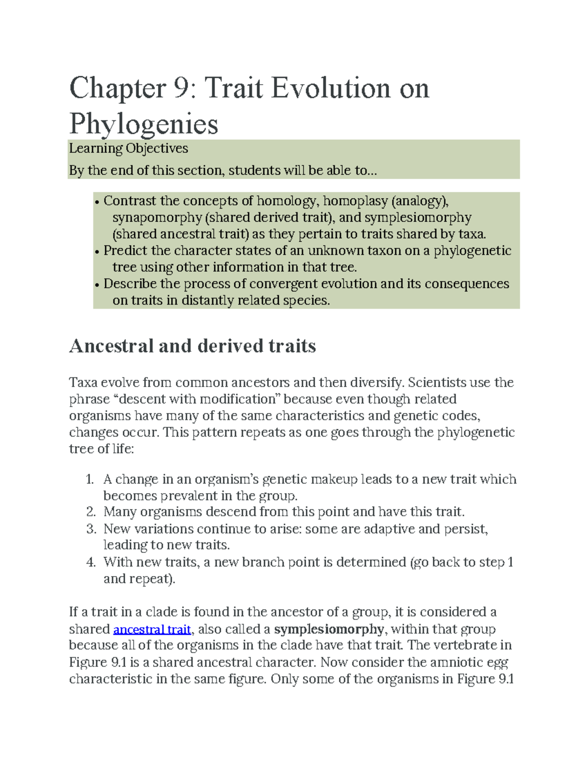 BIO Ch 9 - Textbook - Chapter 9: Trait Evolution on Phylogenies ...