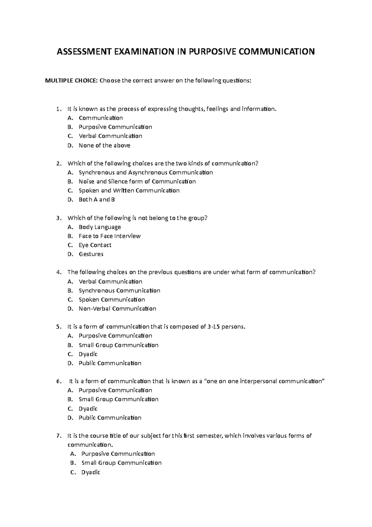 Assessment Examination IN Purcom - ASSESSMENT EXAMINATION IN PURPOSIVE ...