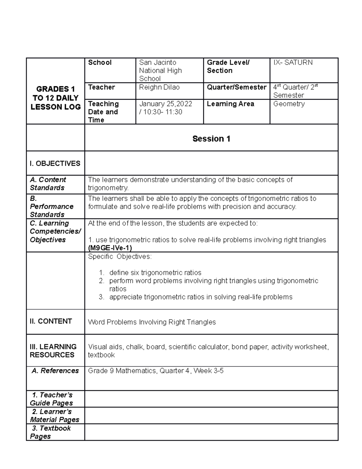 Lesson plan exam-1 - GRADES 1 TO 12 DAILY LESSON LOG School San Jacinto ...