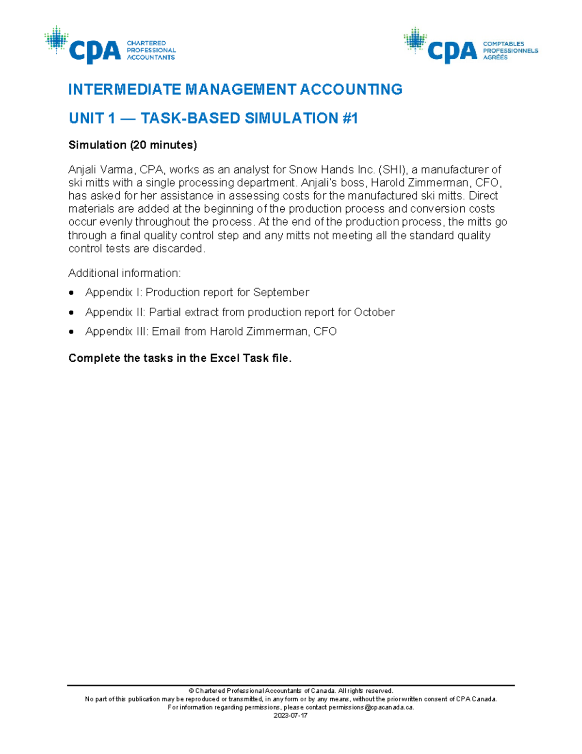 Mangement Accounting simulation solutions - ####### © Chartered ...