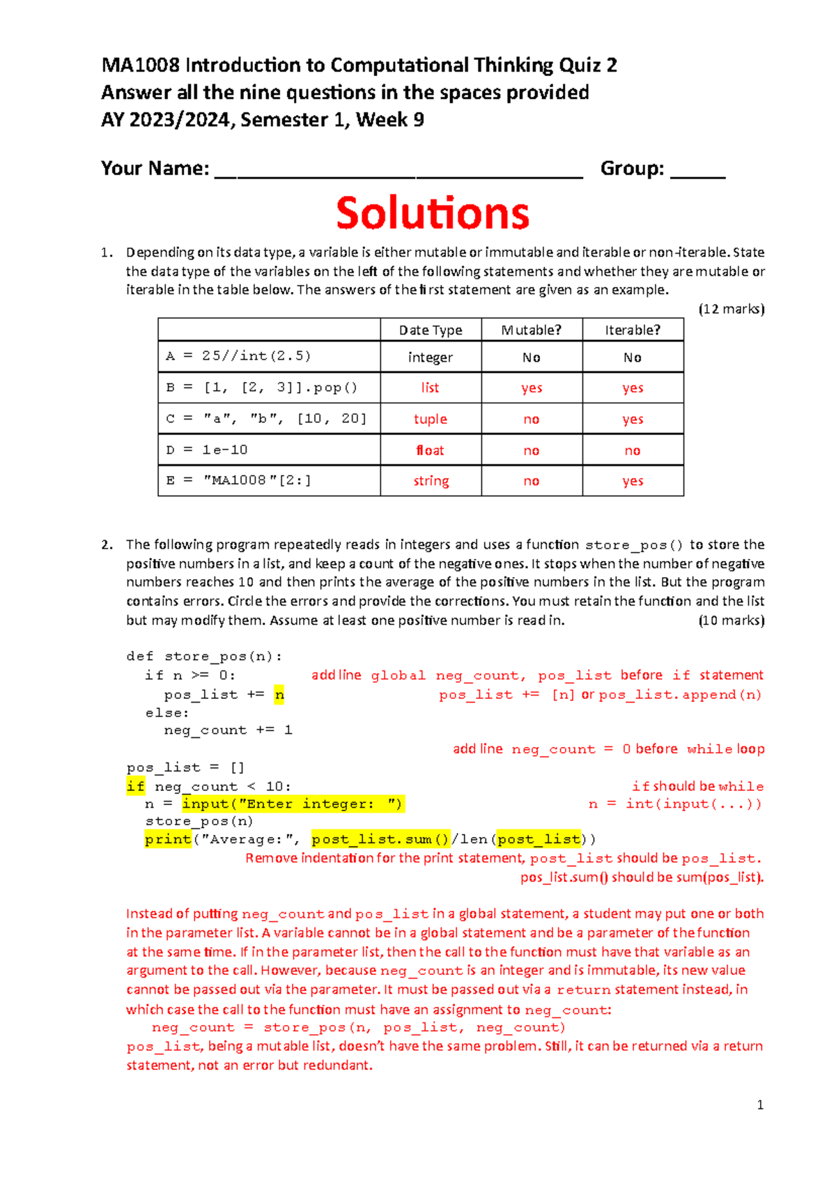 CA3 solutions 2 - MA1008 Introduction to Computational Thinking Quiz 2 Answer all the nine ...