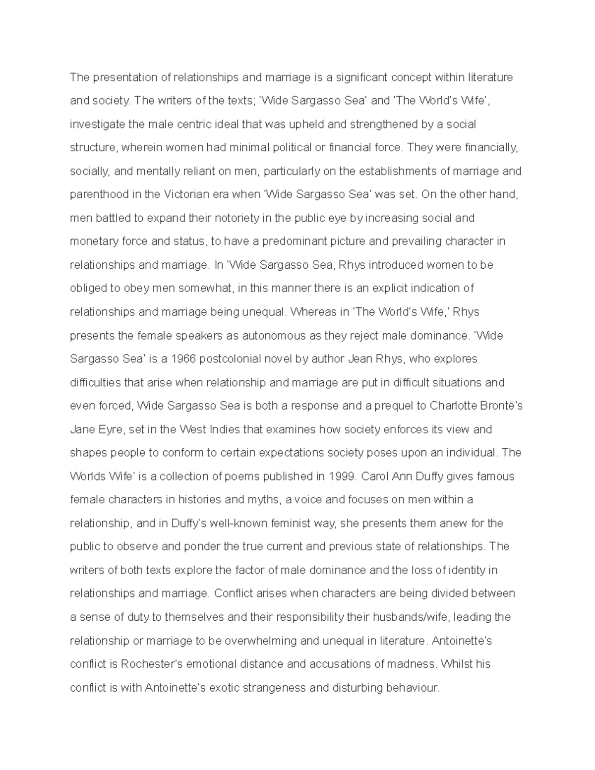 The Ways The Writers Explore The Role Of Men In The Books Wide Sargasso ...