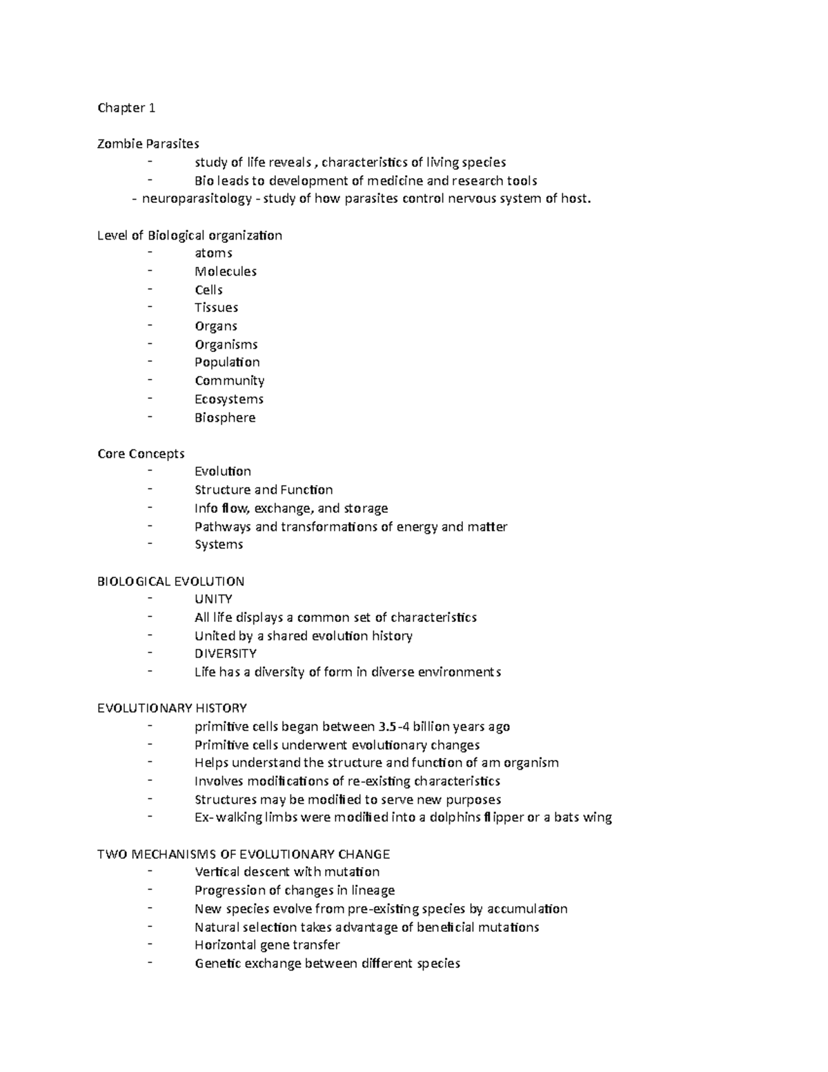 Bio chapter 1 notes - Chapter 1 Zombie Parasites ⁃ study of life ...