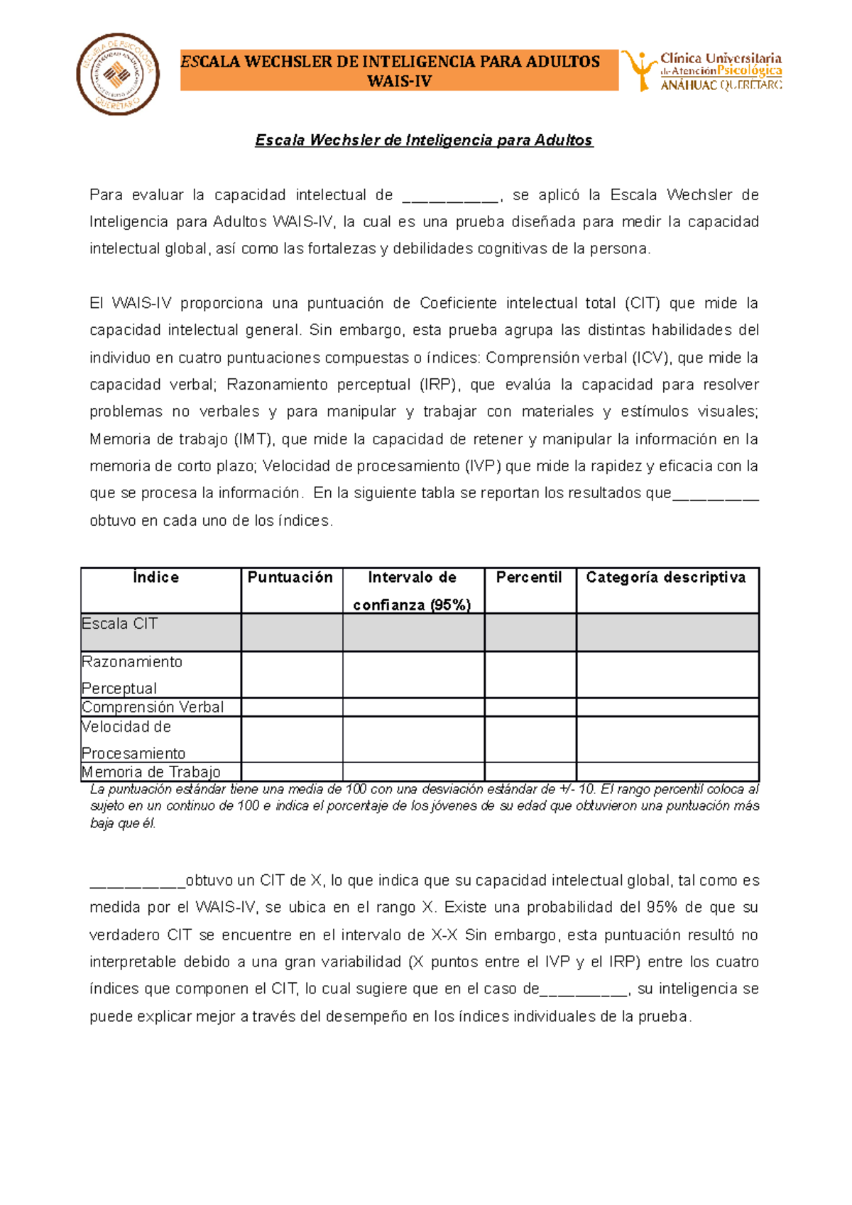 Reporte (WAIS IV) - A´li - WAIS-IV Escala Wechsler de Inteligencia para ...