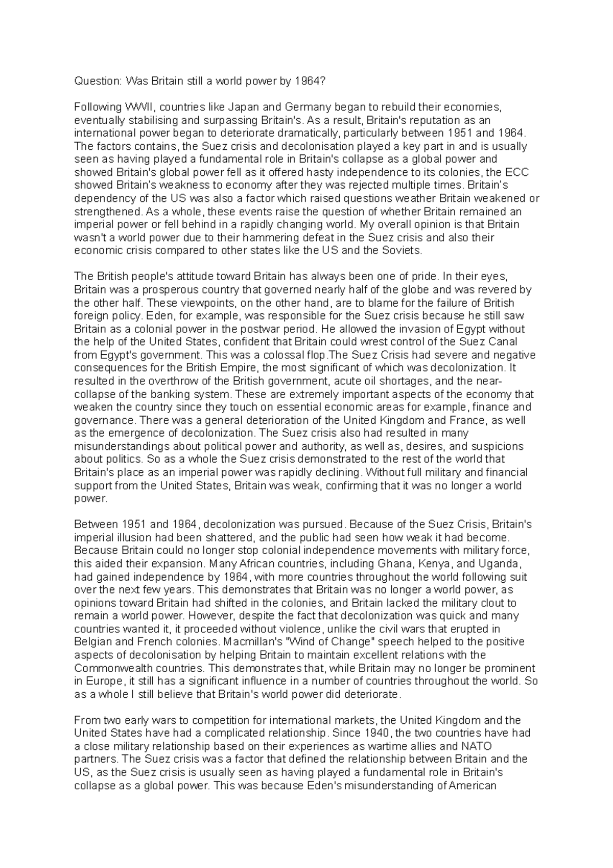 History essay modern britain - Question: Was Britain still a world ...