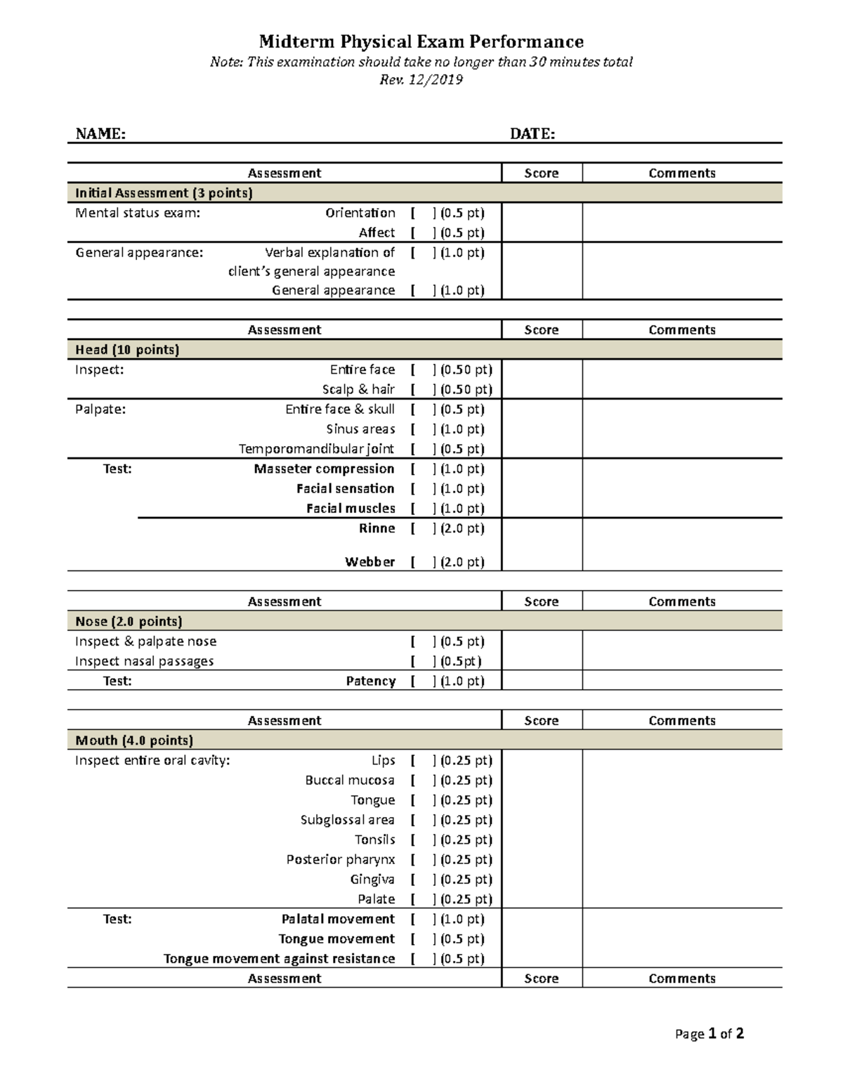 NUR 340 Midterm PE Performance 2019 - Midterm Physical Exam Performance ...