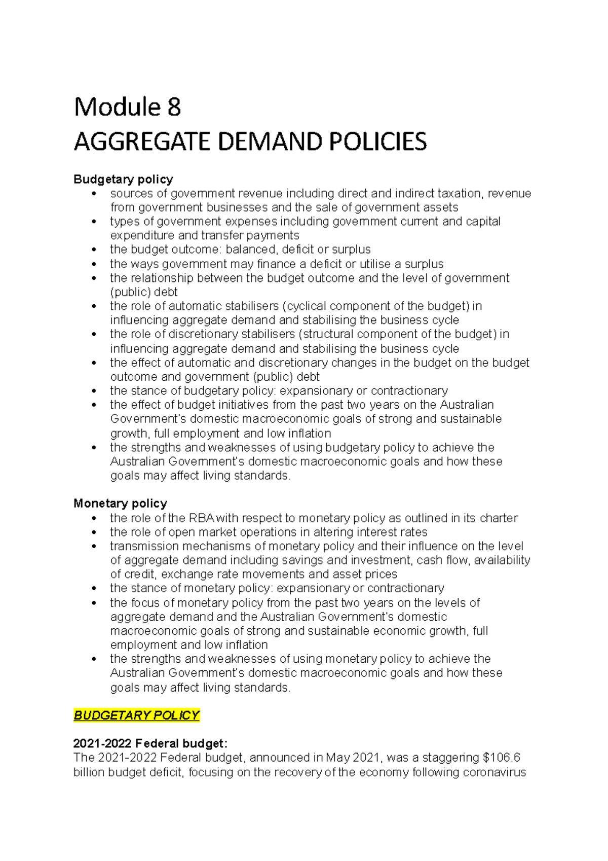 Module 9 Aggregate Demand Policies - Module 8 AGGREGATE DEMAND POLICIES ...