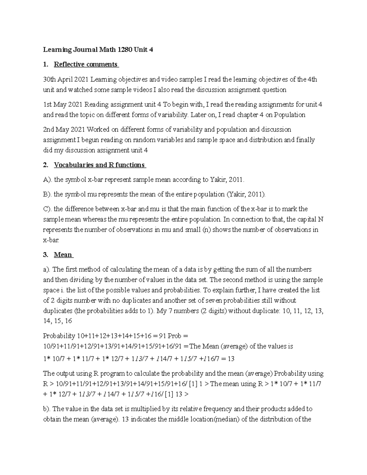 Learning Journal Math 1280 Unit 4 - Learning Journal Math 1280 Unit 4 Reflective comments 30th ...