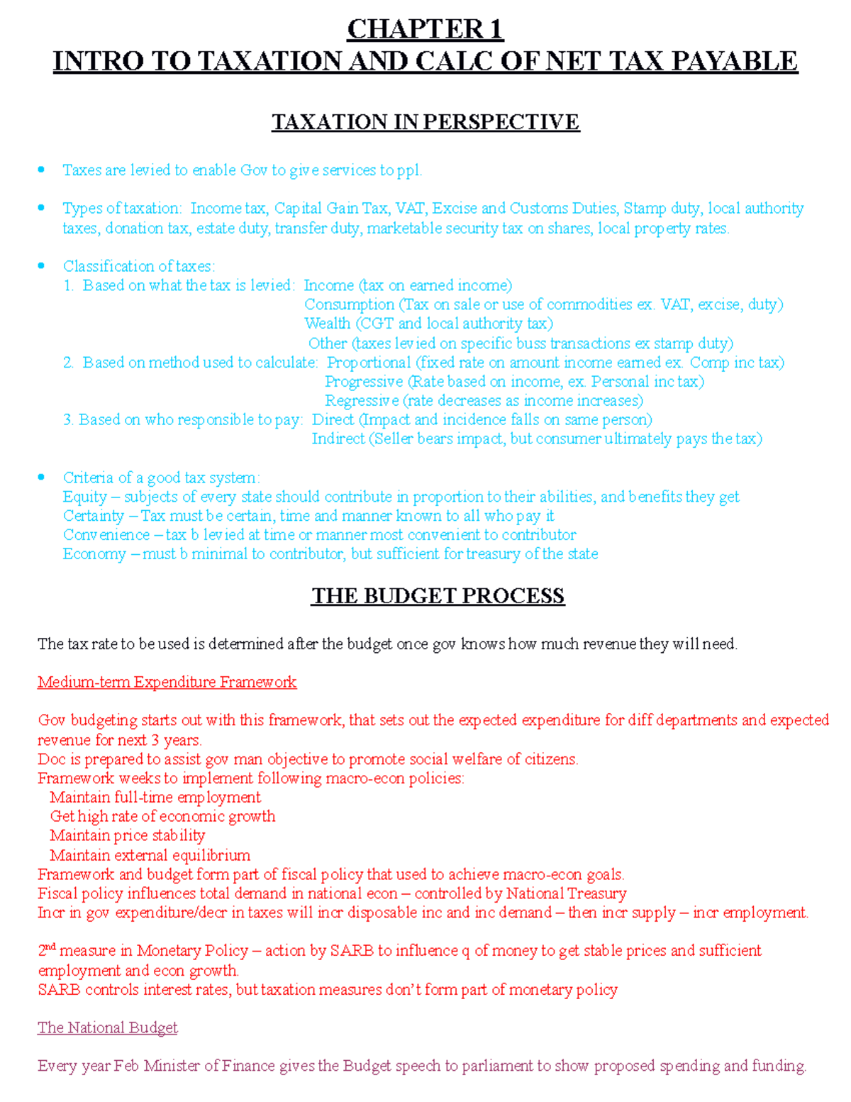 Notes SU 1 Intro to Taxation and - CHAPTER 1 INTRO TO TAXATION AND CALC ...