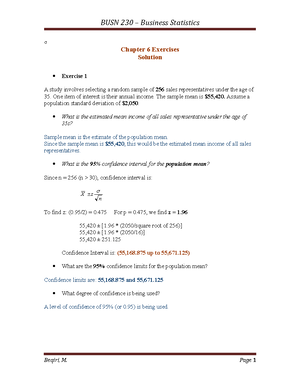 BUSN 230 Chapter 5 Exercises Solution - BUSN 230 Business Statistics Chapter 5 Exercises ...
