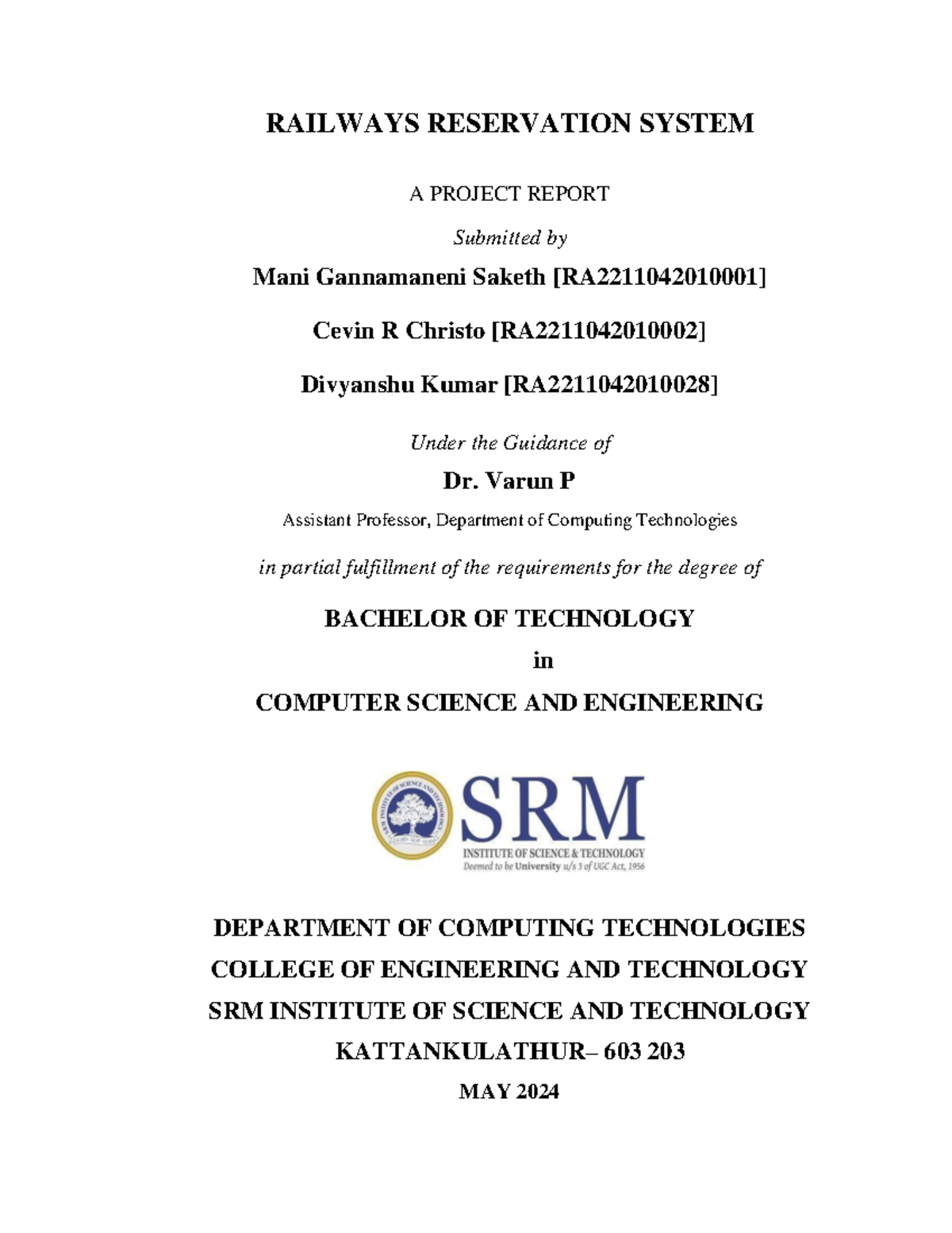 Railways Reservation System Report - RAILWAYS RESERVATION SYSTEM A ...