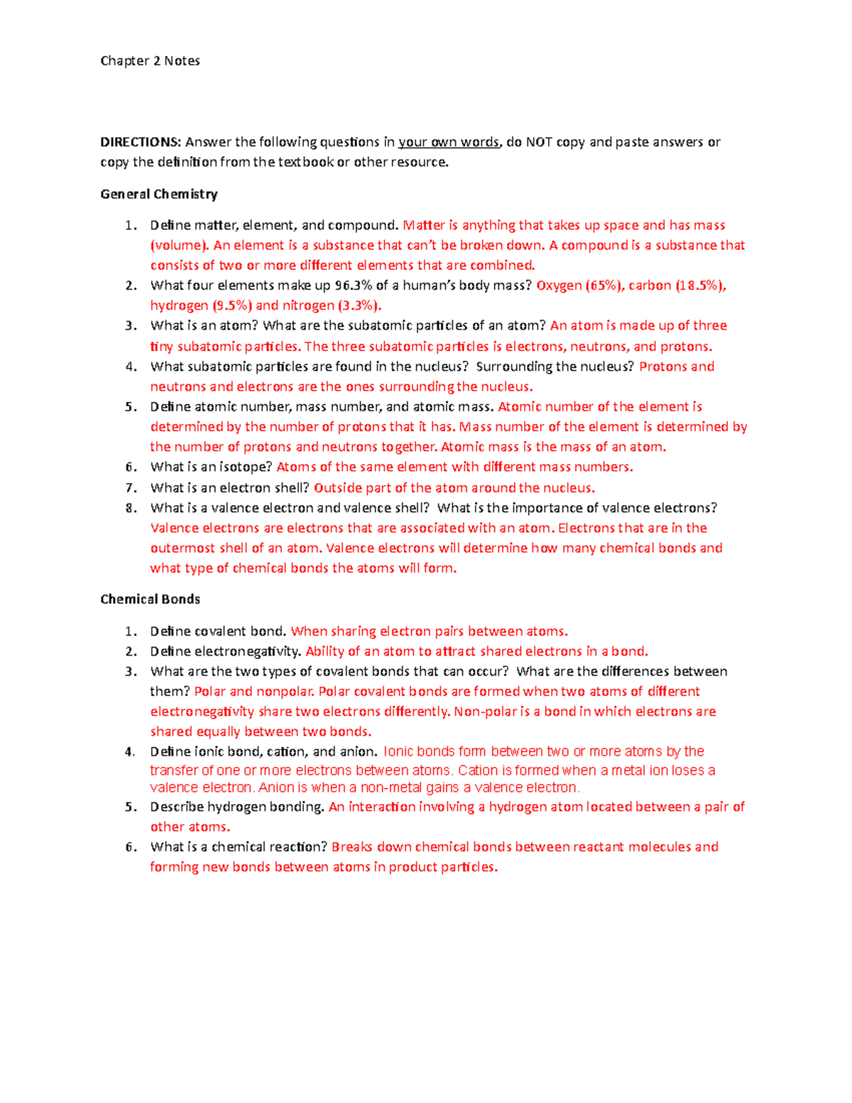 Chapter 2 Notes - Answers to the homework! - Chapter 2 Notes DIRECTIONS ...