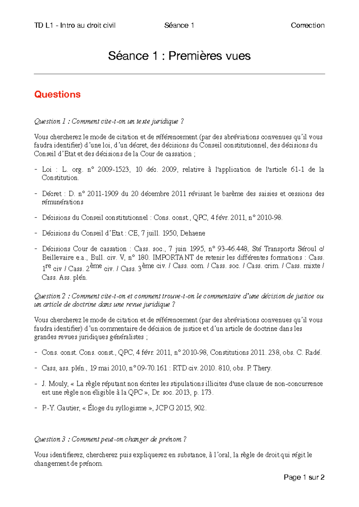 TD1 - Premieres vues - TD1 - TD L1 - Intro au droit civil Séance 1 ...